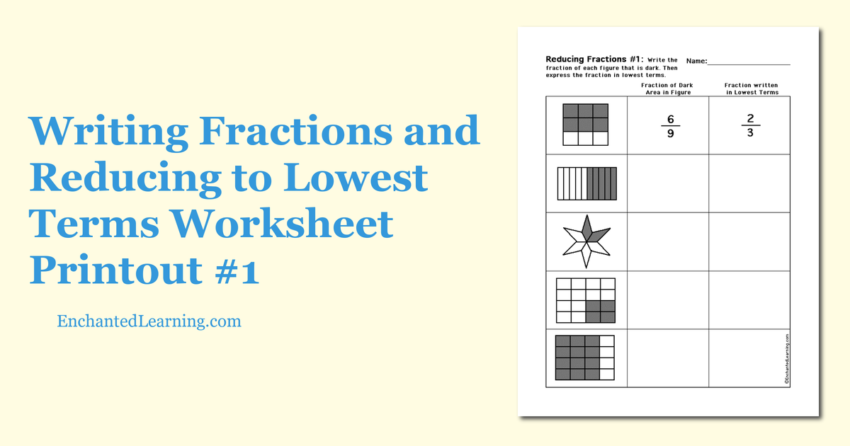 Writing Fractions and Reducing to Lowest Terms Worksheet Printout #1 ...