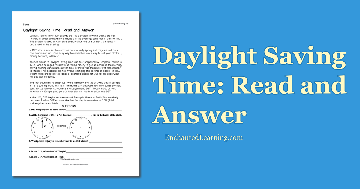 Daylight Saving Time: Read and Answer - Enchanted Learning