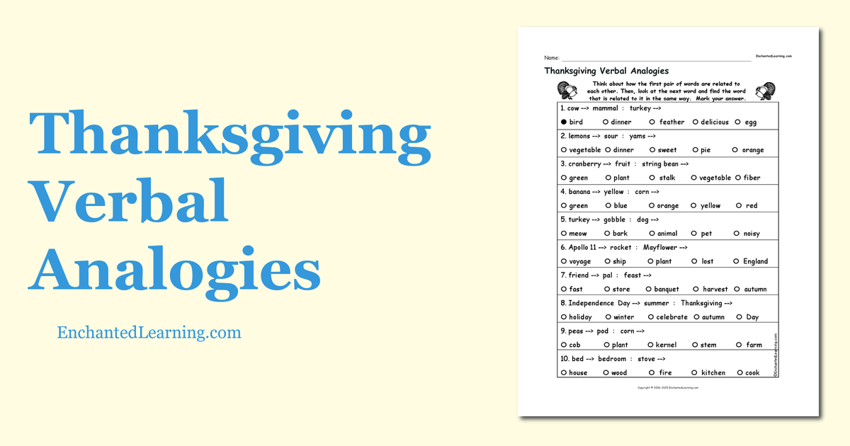 Thanksgiving Verbal Analogies - Enchanted Learning