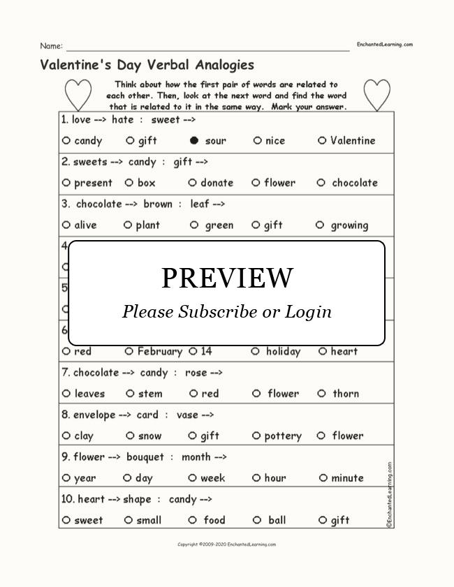 Valentine's Day Verbal Analogies - Enchanted Learning