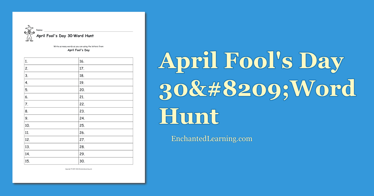 April Fool's Day Word Hunt Worksheet - 30 Blanks - Enchanted Learning