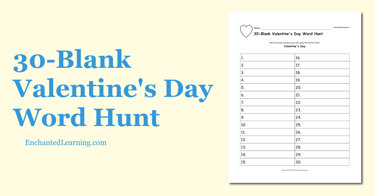30-Blank Valentine's Day Word Hunt - Enchanted Learning