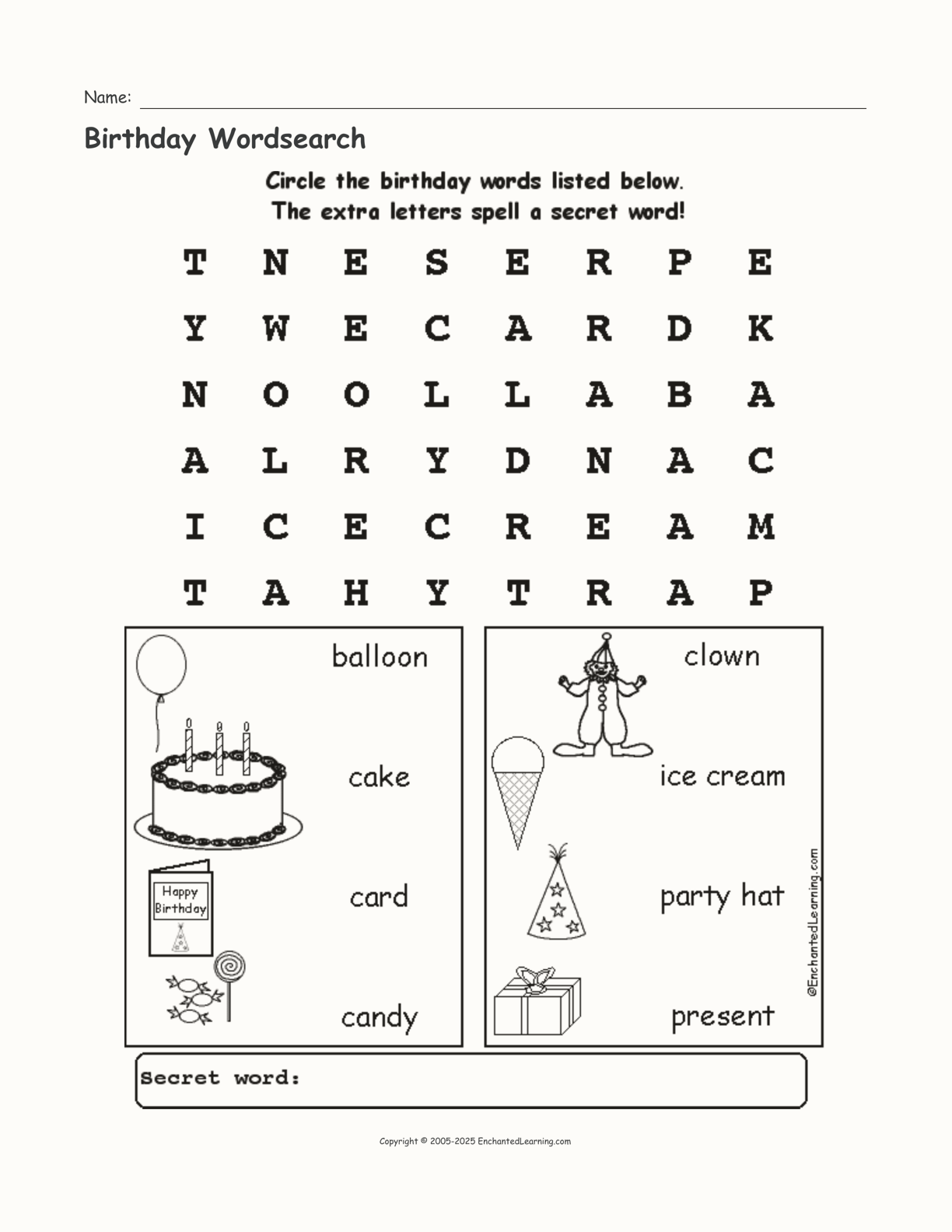Birthday Wordsearch Enchanted Learning