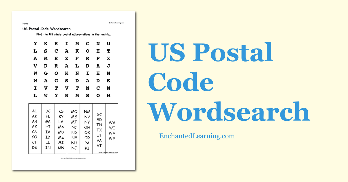 US Postal Code Wordsearch - Enchanted Learning