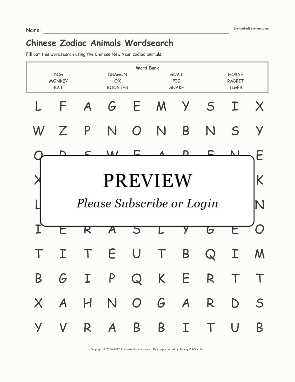 Chinese Zodiac Animals Wordsearch - Enchanted Learning