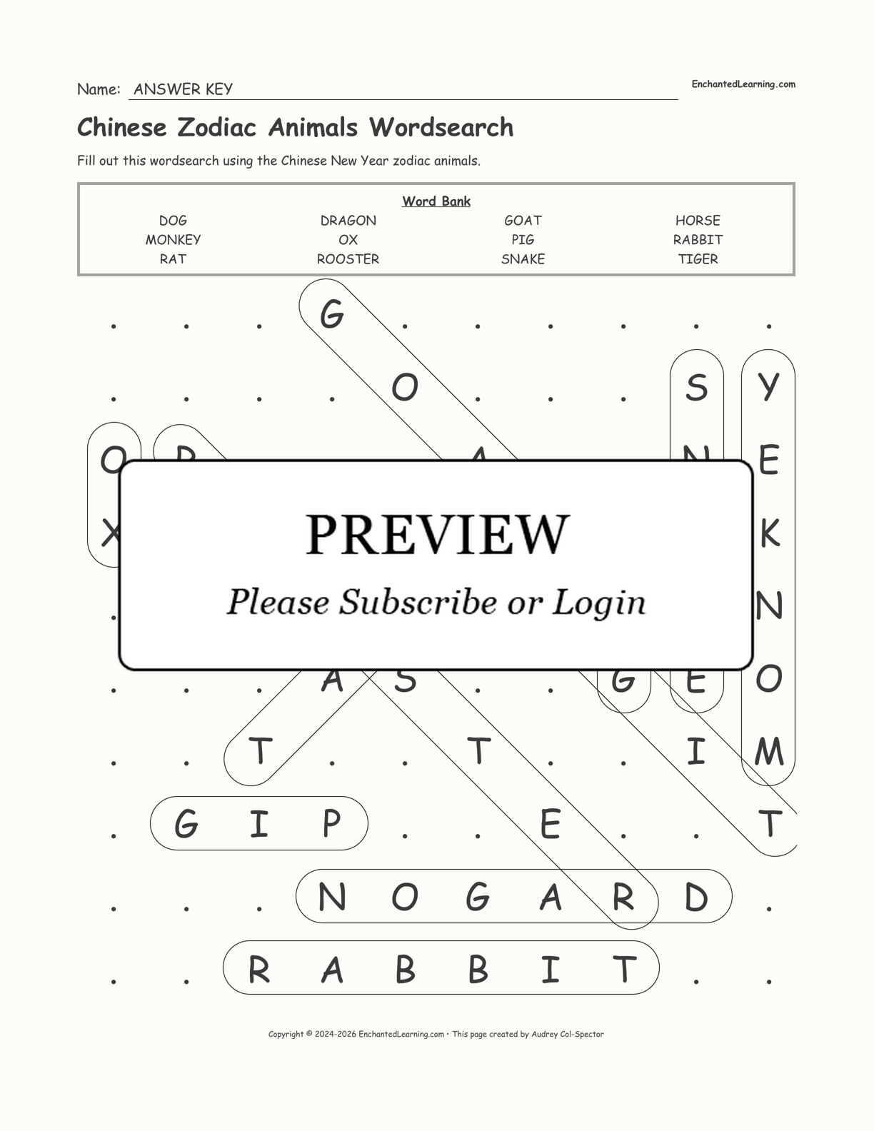 Chinese Zodiac Animals Wordsearch - Enchanted Learning
