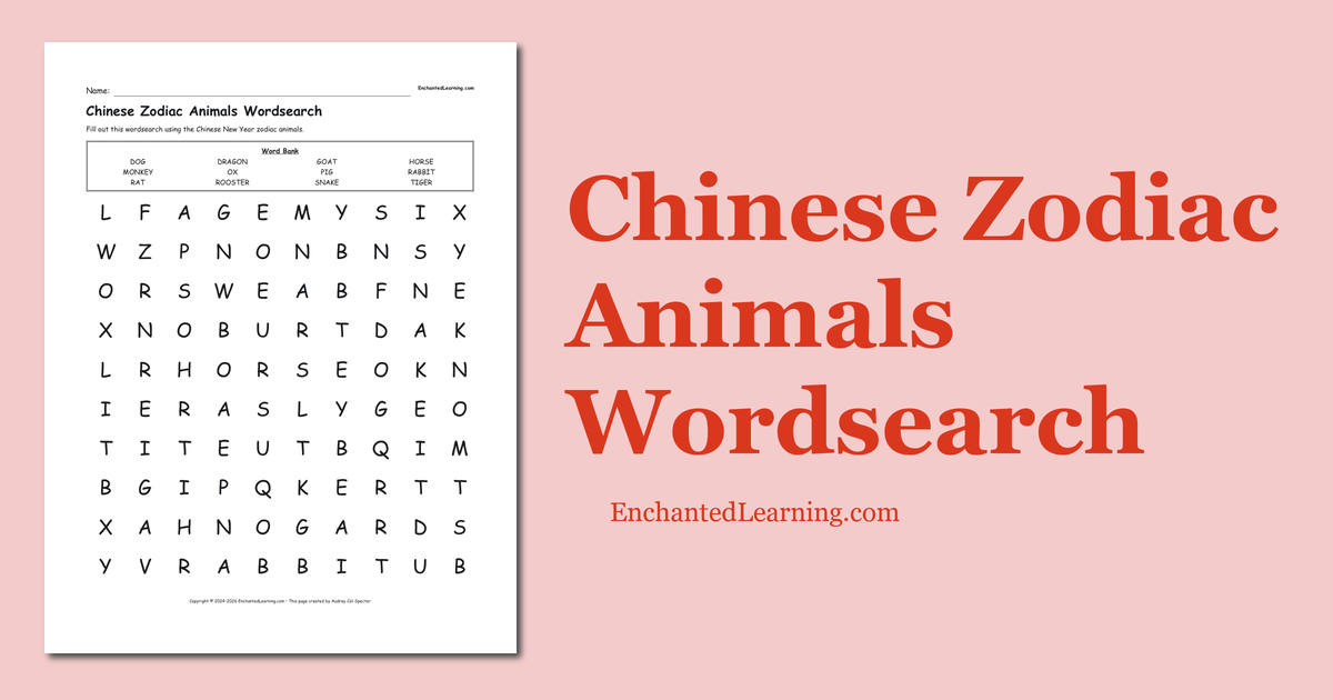 Chinese Zodiac Animals Wordsearch - Enchanted Learning